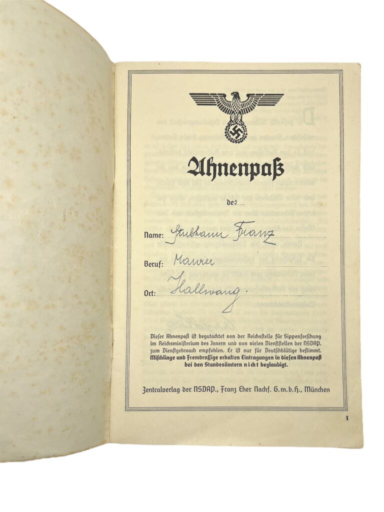 Duitse NSDAP Ahnenpass te koop